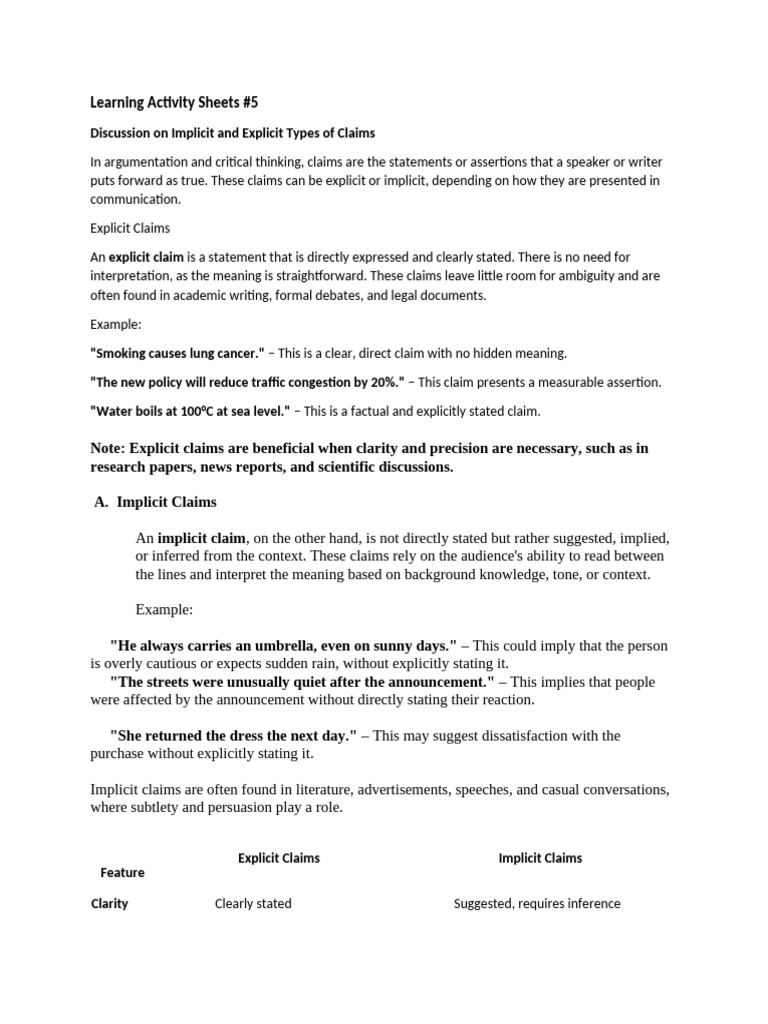 Implicit and Explicit Claims | PDF | Critical Thinking | Thought