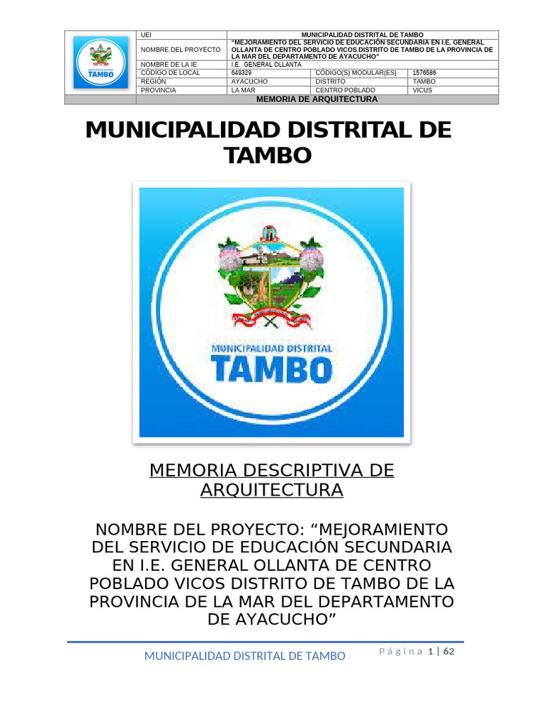 MEMORIA DESCRIPTIVA DE ARQUITECTURA TAMBO | PDF | Enseñando