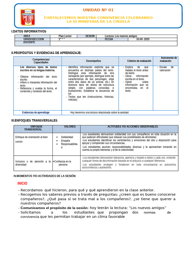 03 04 2025 Plan Lector Lectura Los Nuevos Amigos | PDF | Información ...