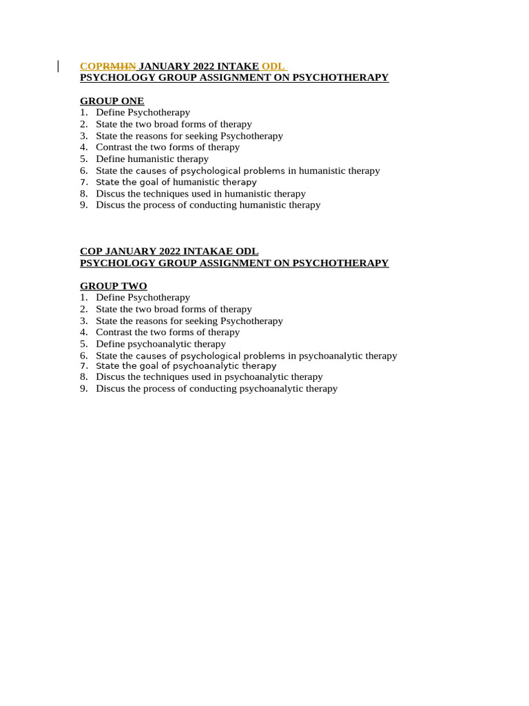 Psychology Group Assignment on Therapy | PDF | Psychotherapy | Psychology