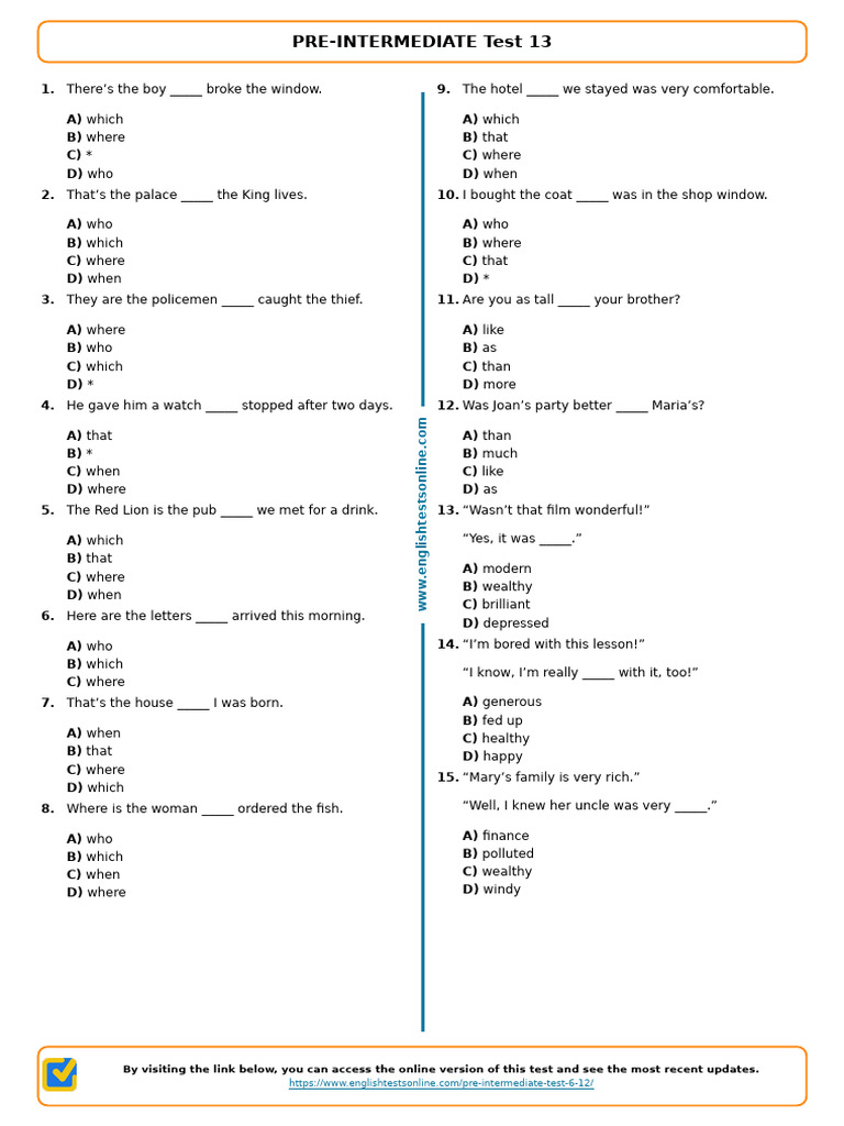 1196 Pre Intermediate Test 13 Englishtestsonline.com | PDF