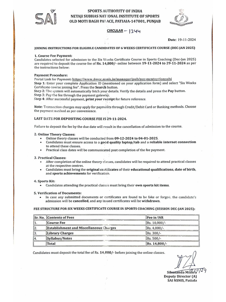 List of Eligible Candidates For The Six Week Certificate Course in ...