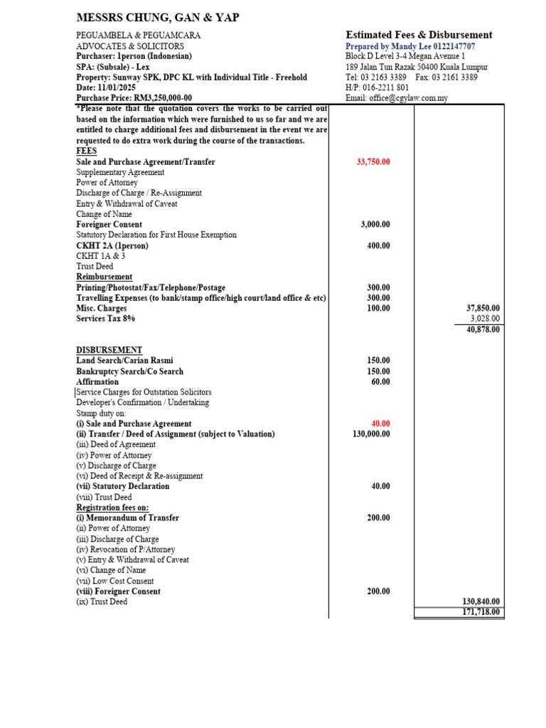 standard SPA Quotation for a RM3.25m in 2025 | PDF | Taxes | Common Law