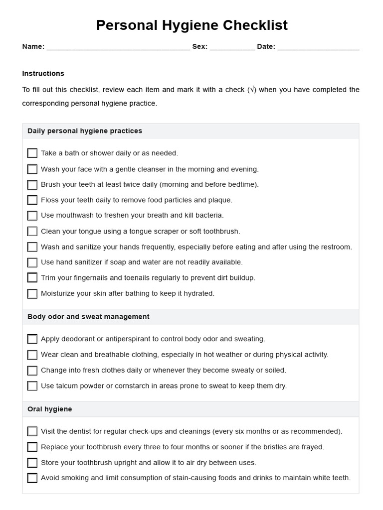 Personal Hygiene Checklist | PDF | Hygiene | Toothbrush