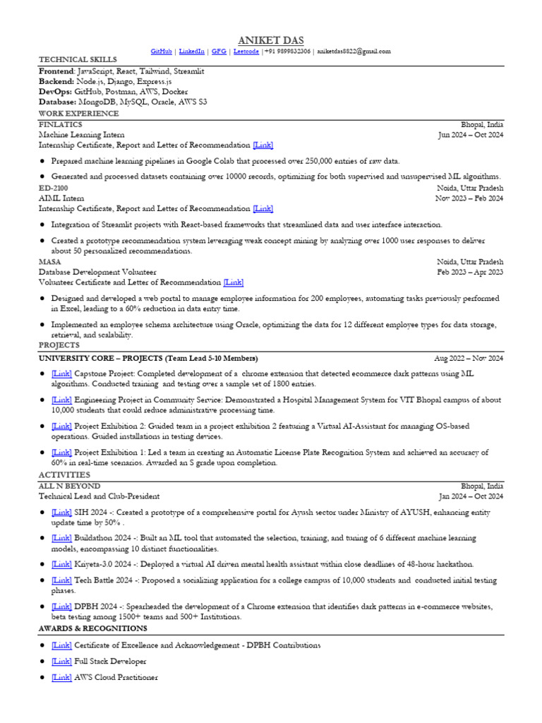 Aniket Das Resume | PDF | Machine Learning | Databases