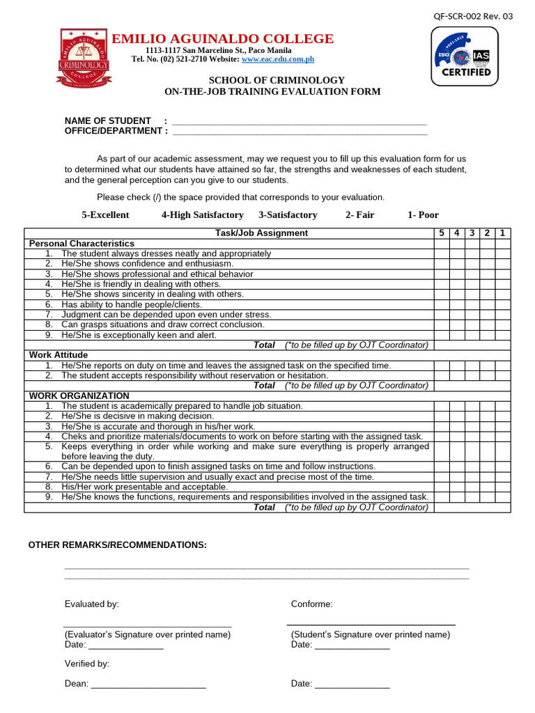 QF-SCR-002 Rev. 03 On-The-Job Training Evaluation Form | PDF ...