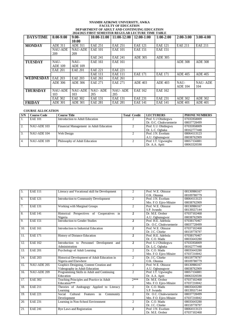 2024 - 2025 Dept of ADE Lecture Timetable | PDF | Learning Programs | Learning