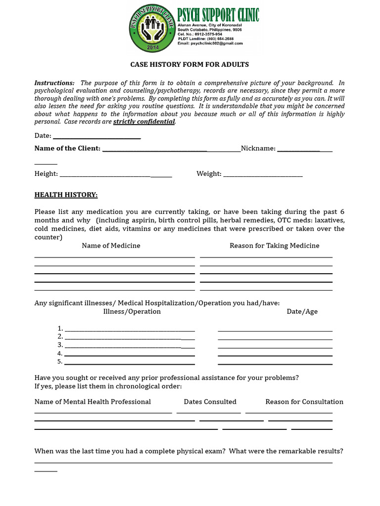 Case History Form For Adults | PDF | Psychology | Behavioural Sciences
