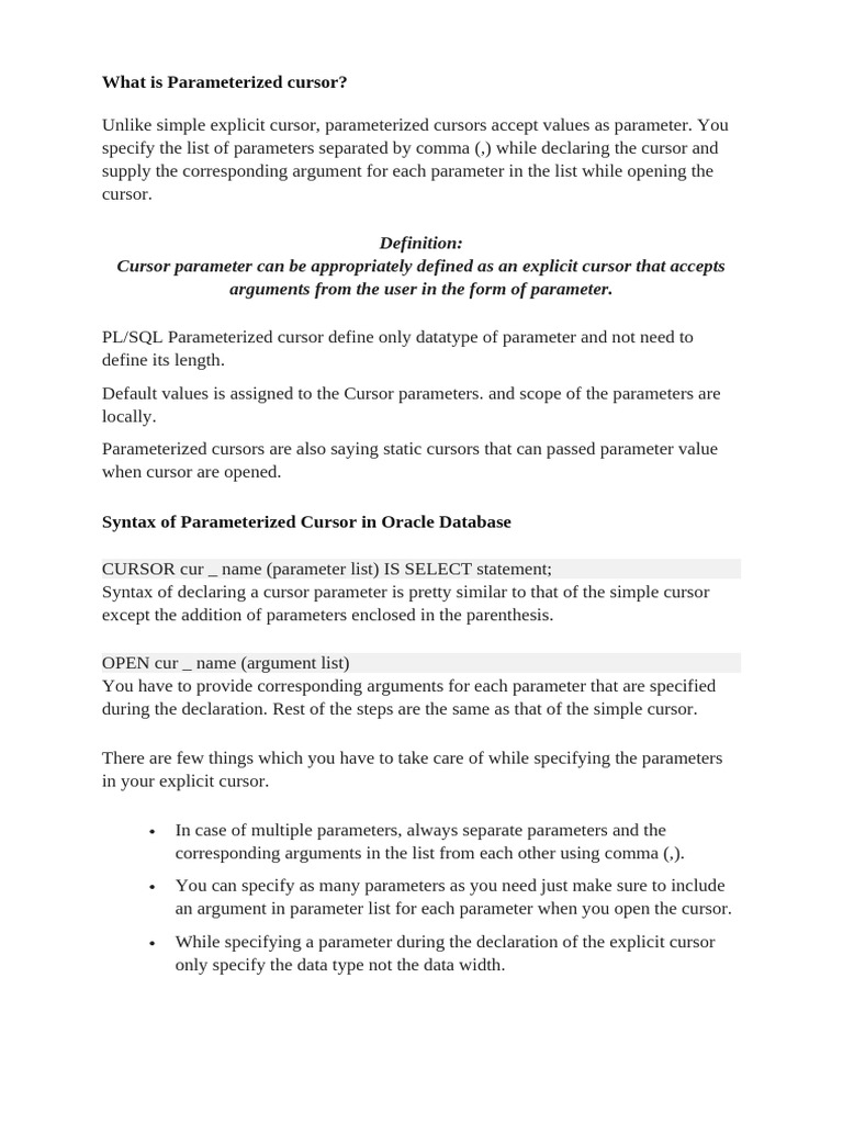 What Is Parameterized Cursor | PDF | Parameter (Computer Programming ...