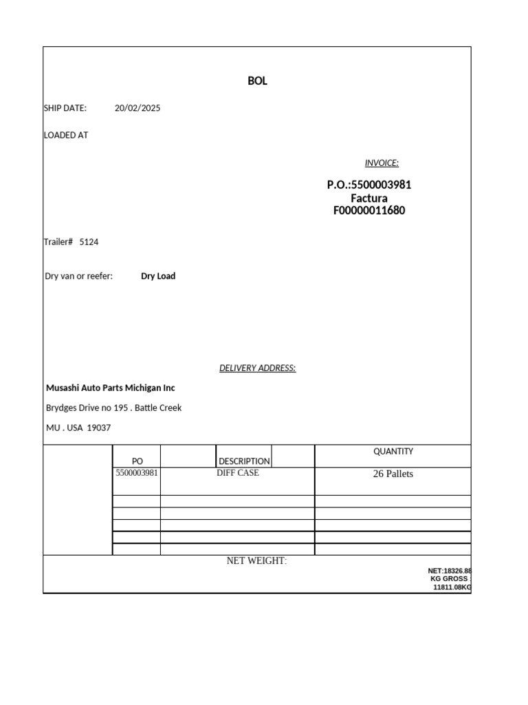 Machote for Musashi Auto Parts Shipment | PDF
