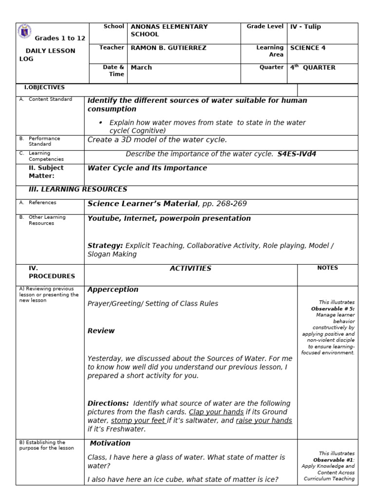 Cot Science 4 4TH Quarter | PDF | Learning | Water