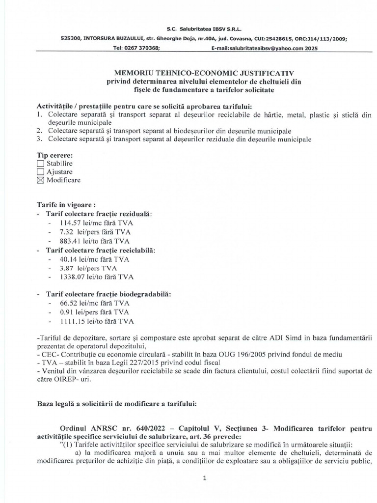 Memoriu Tarif 2025 | PDF