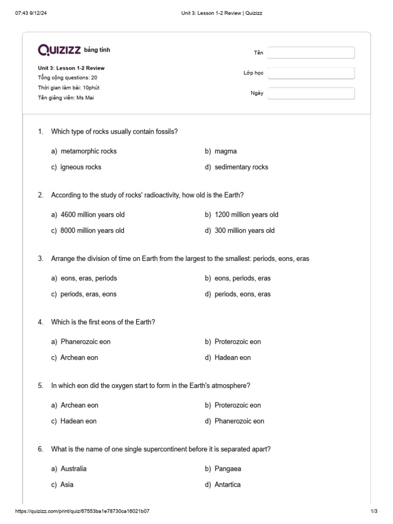 Unit 3_ Lesson 1-2 Review _ Quizizz | PDF | Rock (Geology) | Earth