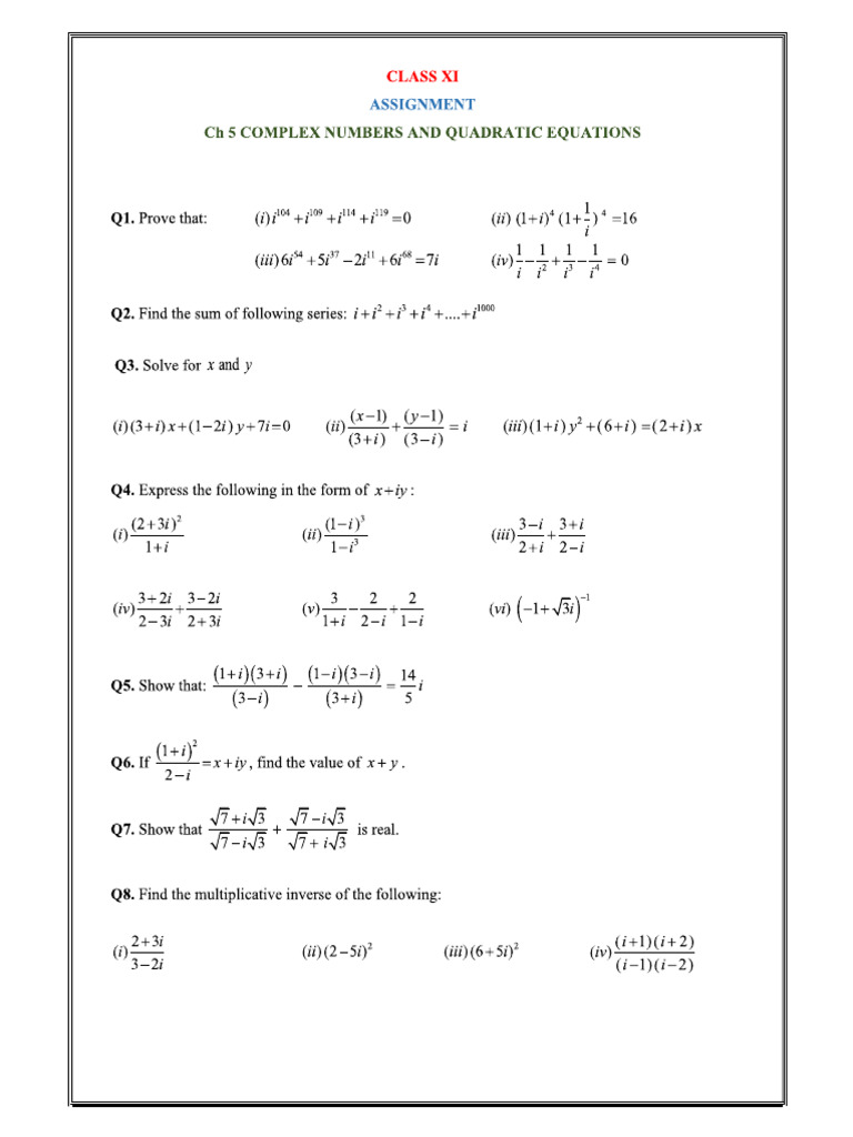 Class XI - Complex Numbers Assignment | PDF