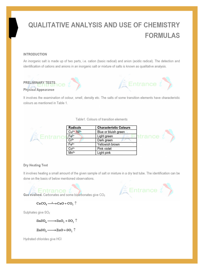 Qualitative Analysis and Use of Chemistr | PDF | Ammonium | Salt ...