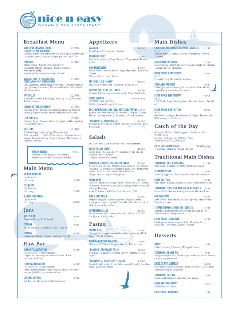 Nice n Easy Mykonos Breakfast Menu | PDF | Salad | Cuisine