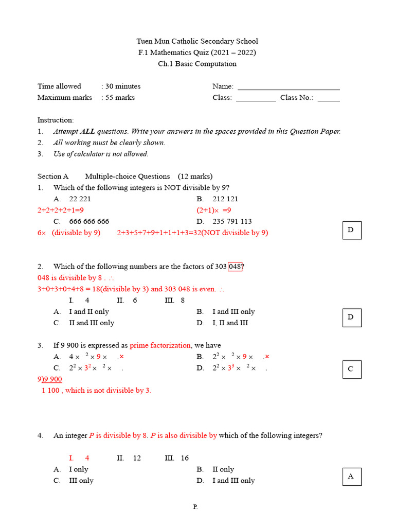 F.1 Math Quiz: Basic Computation 2021-2022 | PDF | Discrete Mathematics ...
