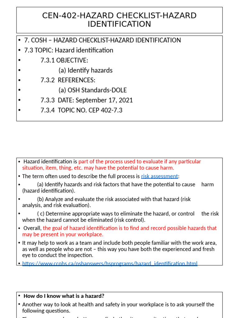 Cep 402 Hazards Checklist Hazard Identification | PDF | Risk ...