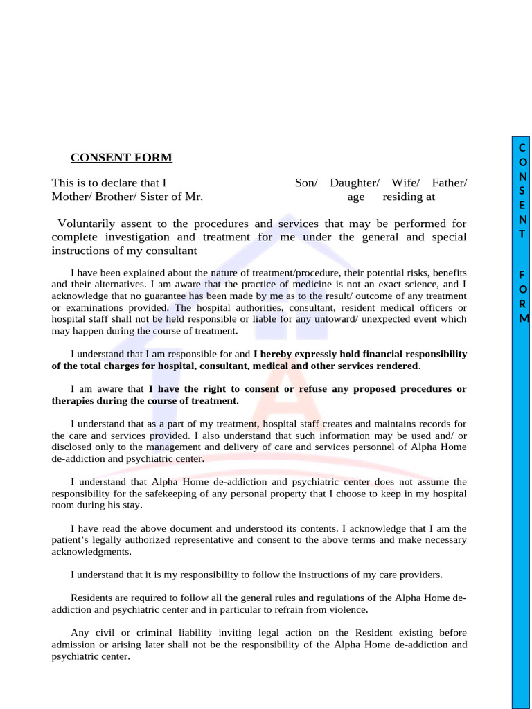 CONSENT FORM For ALPHA HOME | PDF | Informed Consent | Hospital