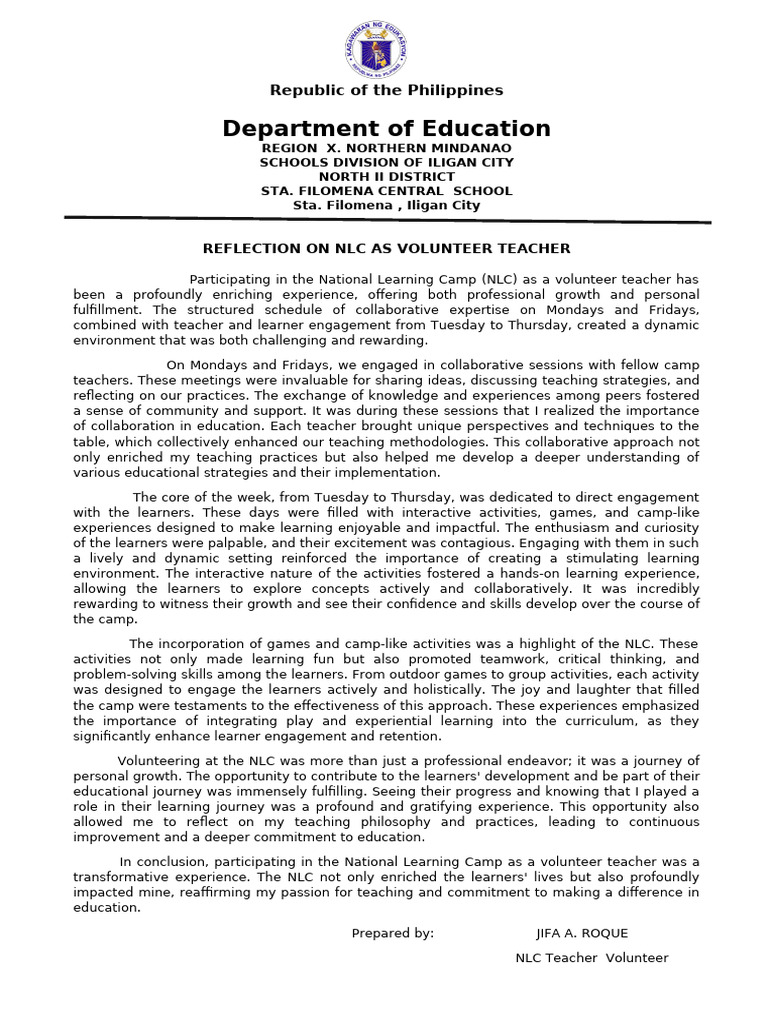 NLC Teacher - S Reflection | PDF | Learning | Teachers
