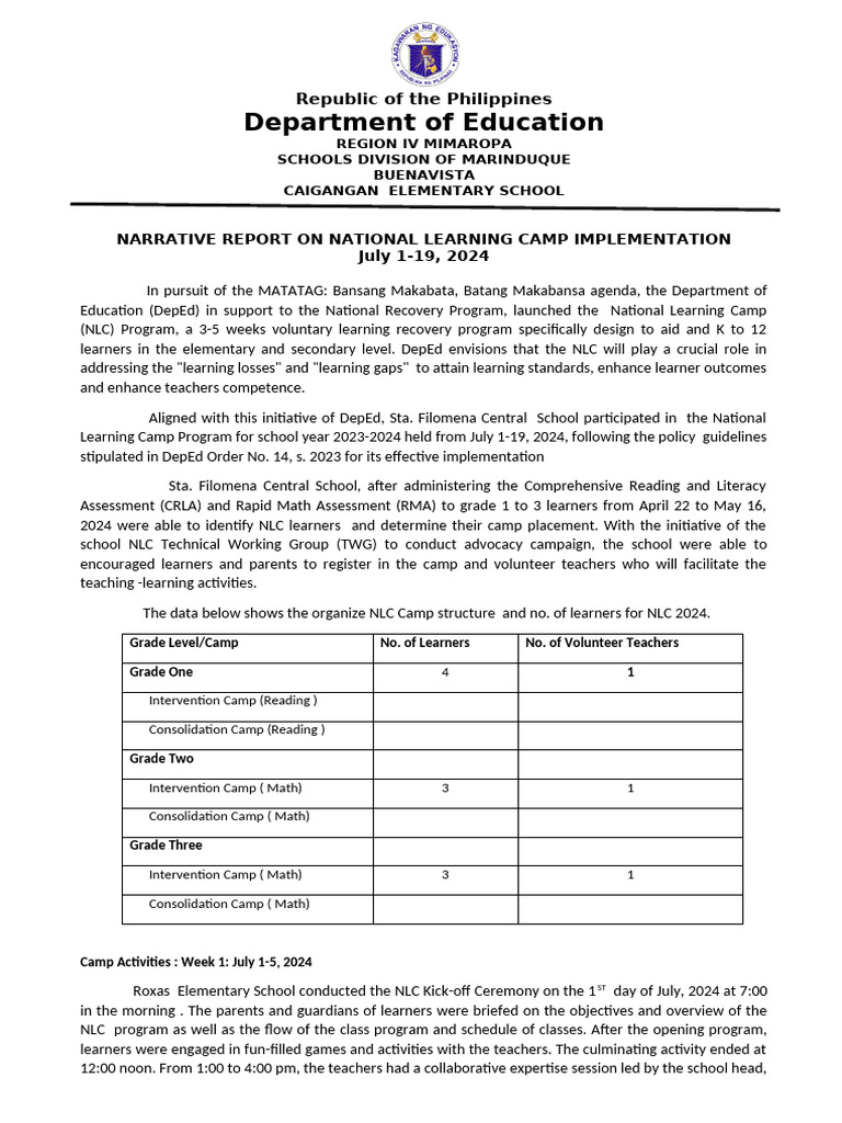 NLC School Narrative Report | PDF | Teachers | Learning