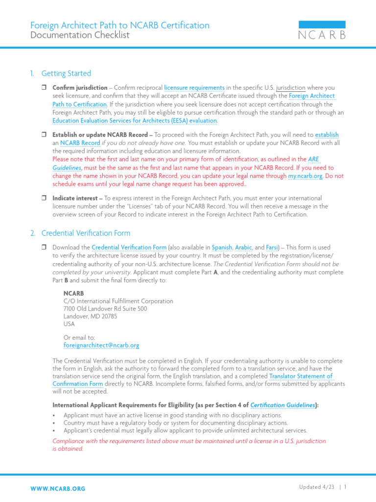 Foreign Architect Path Documentation Checklist - 0 | PDF | Qualifications | Vocational Education
