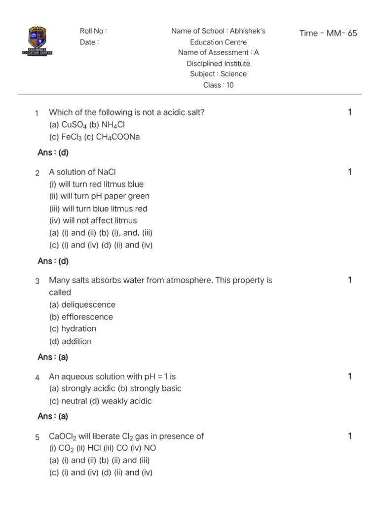 Acid Bases Salt Test Answer | PDF | Acid | Hydroxide