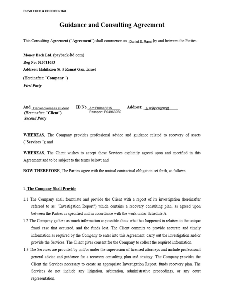 Guidance and Consulting Agreement - Money Back LTD | PDF | Breach Of ...