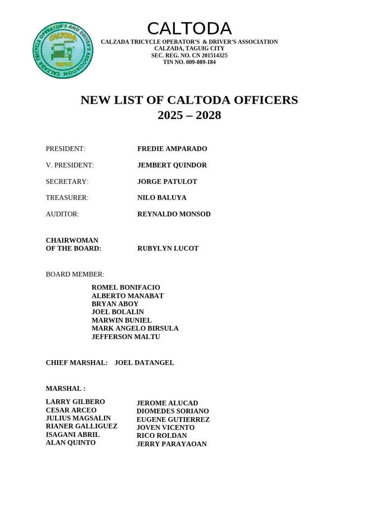 CALTODA Newly Elected Officers | PDF