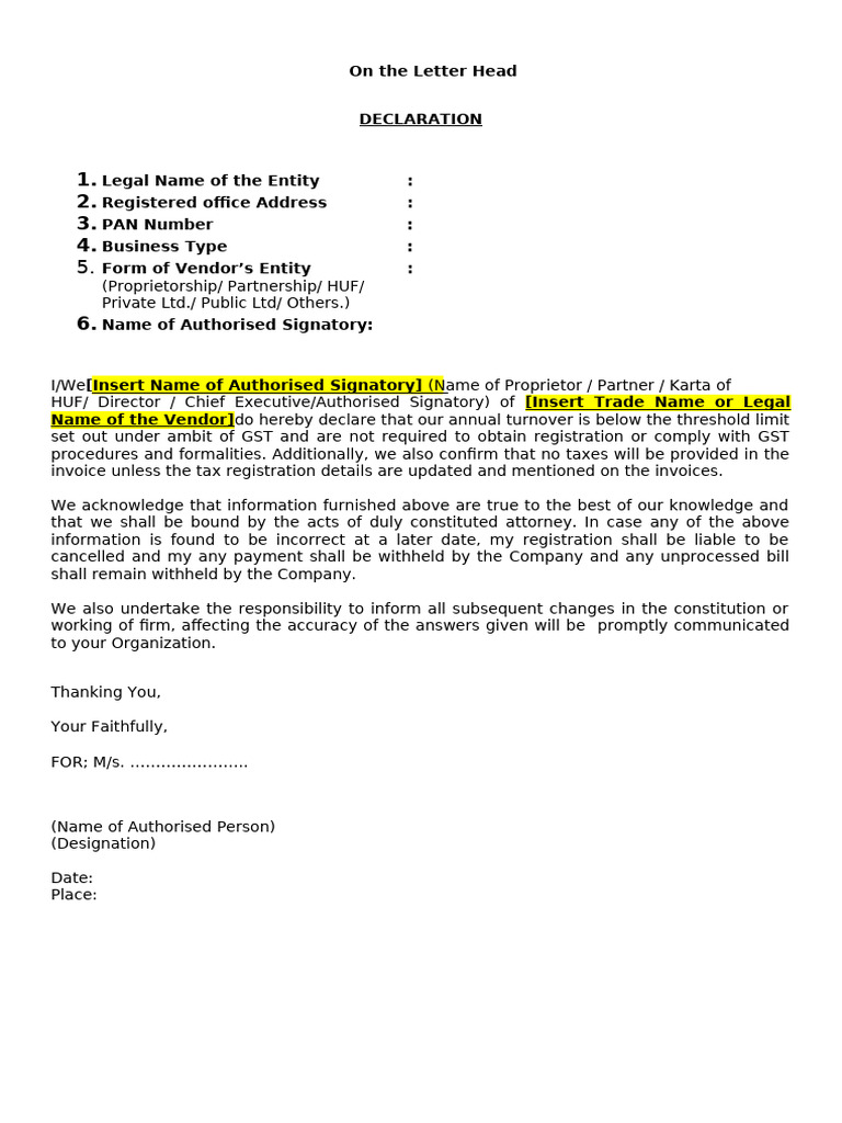 GST Declaration (Proprietorship) | PDF