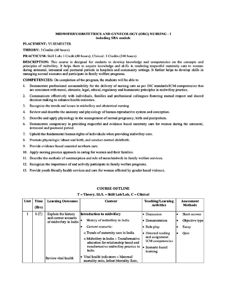 Midwifery - Obstetrics and Gynaecology (OBG) Nursing I (6th Sem) | PDF