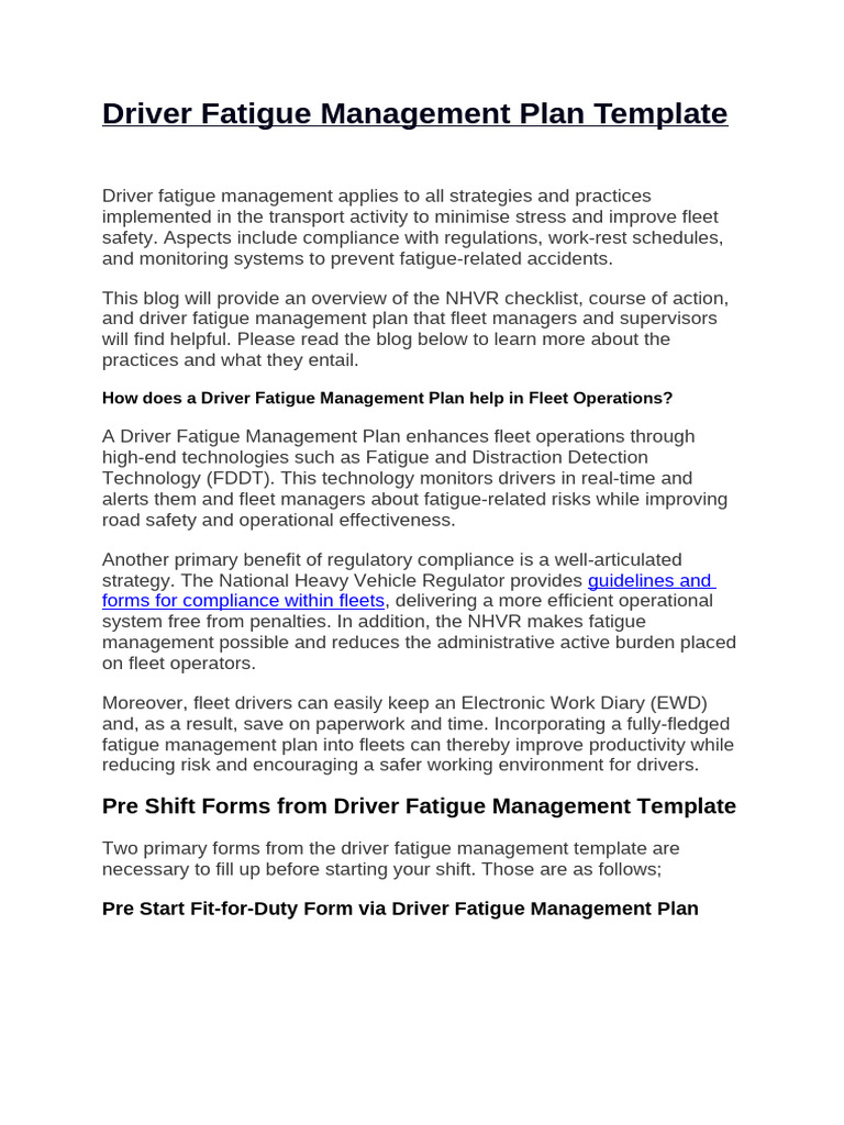 Driver Fatigue Management Plan Template | PDF