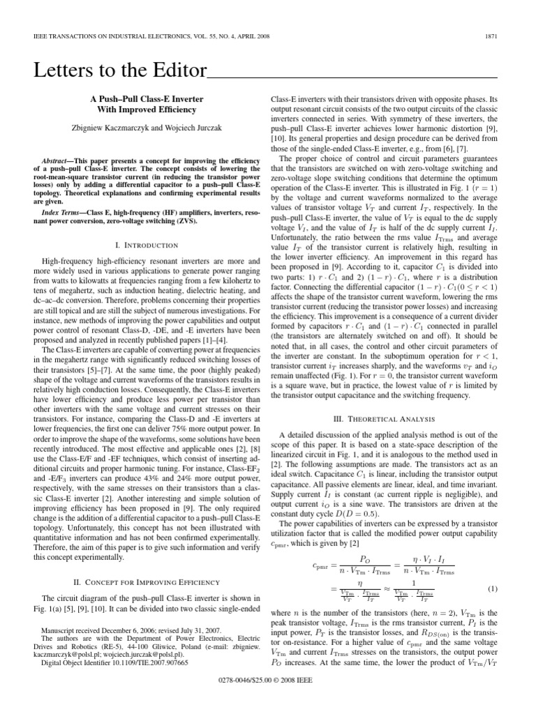 A PushPull Class-E Inverter With Improved Efficiency | PDF | Power ...
