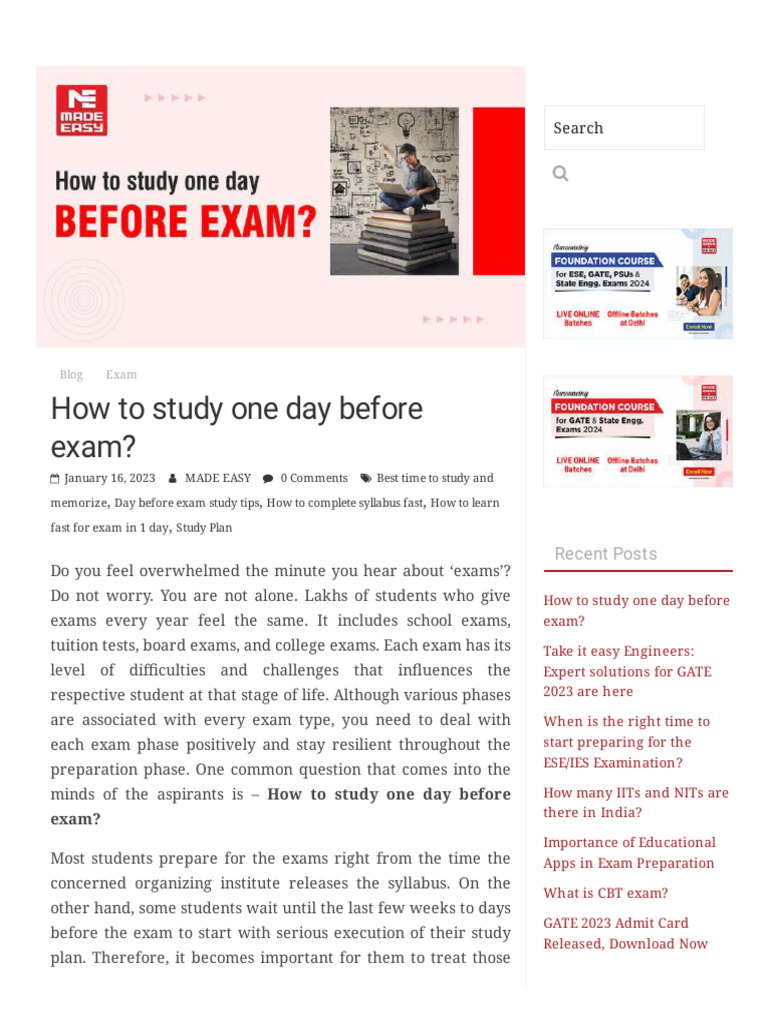 How To Study One Day Before Exam - MADE EASY | PDF