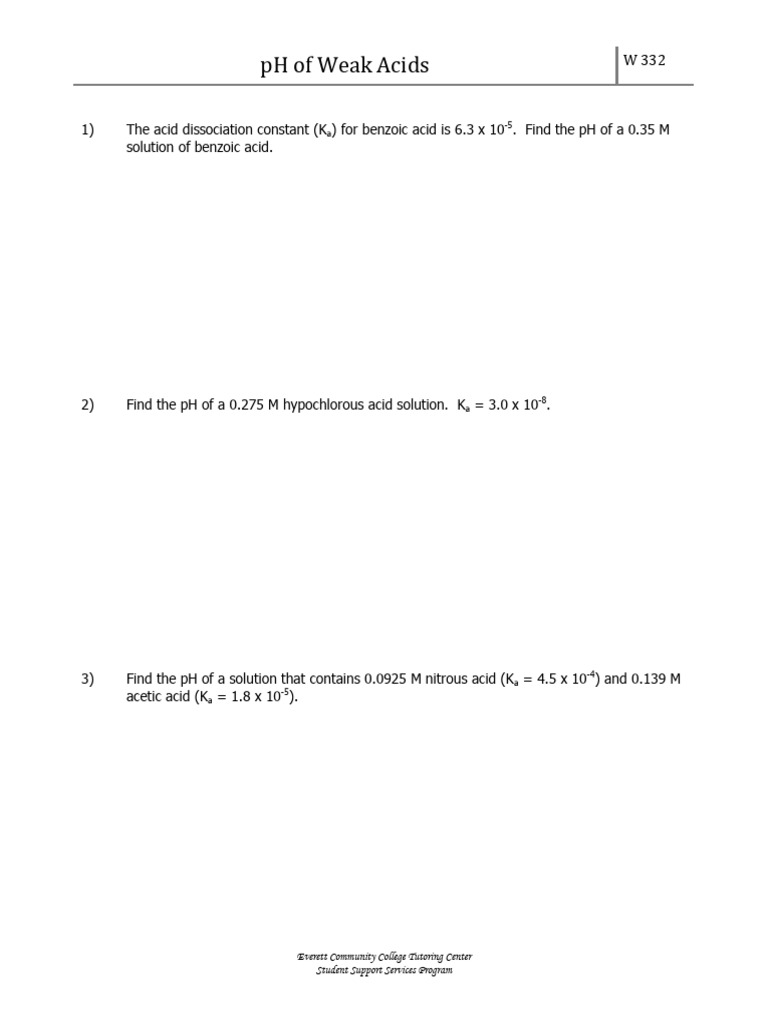 w332 Ph of Weak Acid Worksheet | PDF | Acid | Ph