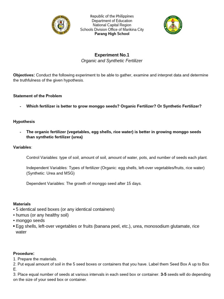 Organic vs Synthetic Fertilizer Experiment | PDF | Fertilizer | Seed
