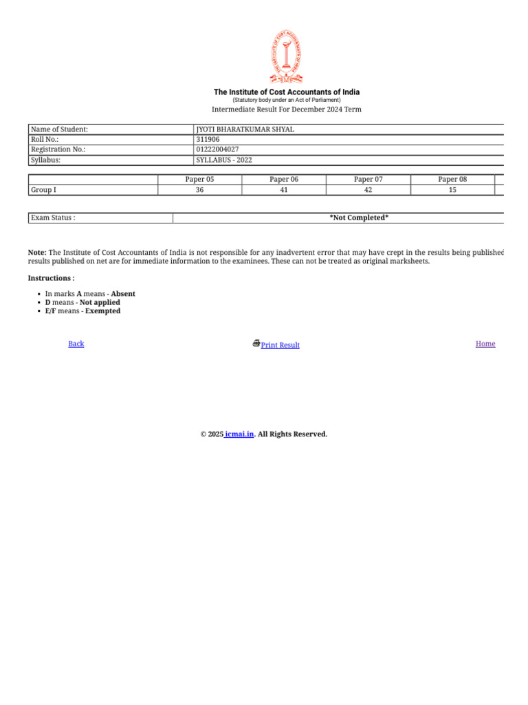 CMA Intermediate Result Dec 2024 | PDF