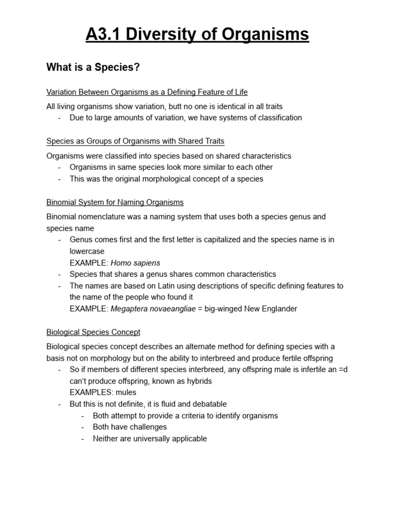 A3.1 Diversity of Organisms | PDF | Species | Karyotype