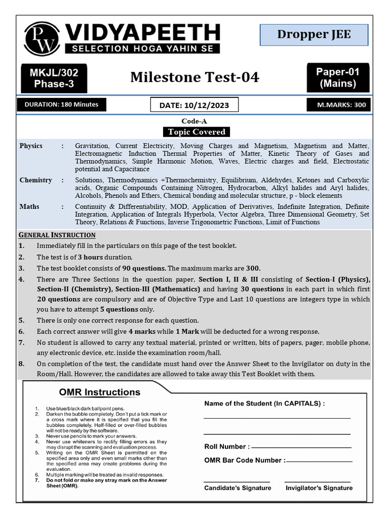 Milestone-4 Phase-3 Dropper JEE Main Paper-01 (10!12!2023) Question PDF | PDF | Physics ...