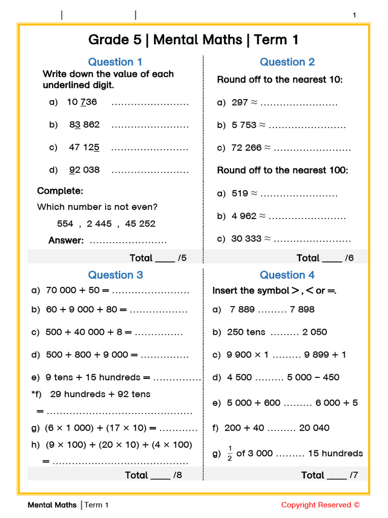 Grade 5 Mental Maths Term 1 | PDF | Mathematics