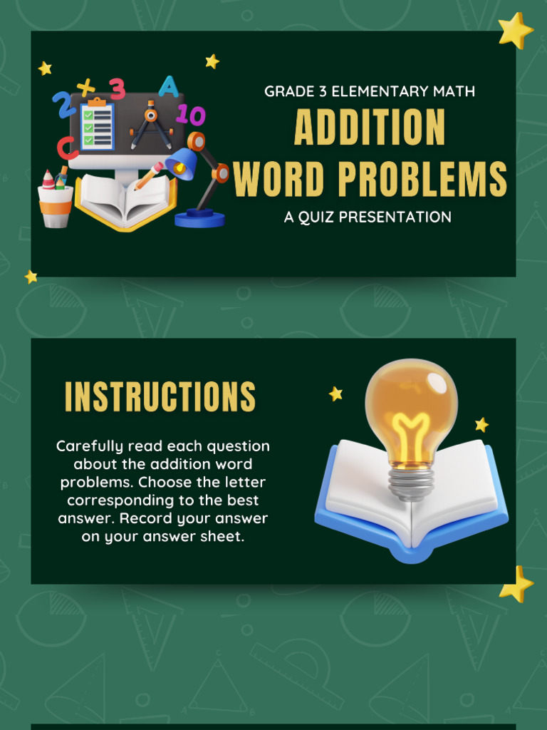 Addition Word Problems Math Quiz Educational Presentation in Green and ...