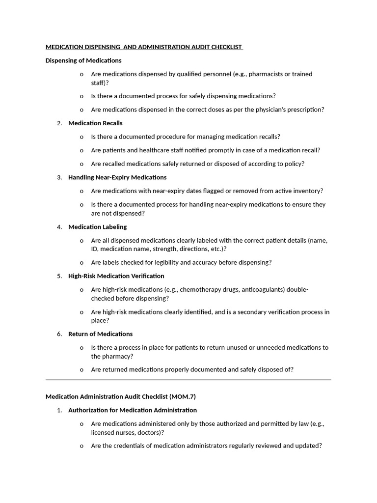 MEDICATION DISPENSING AND ADMINISTRATION AUDIT CHECKLIST | PDF ...