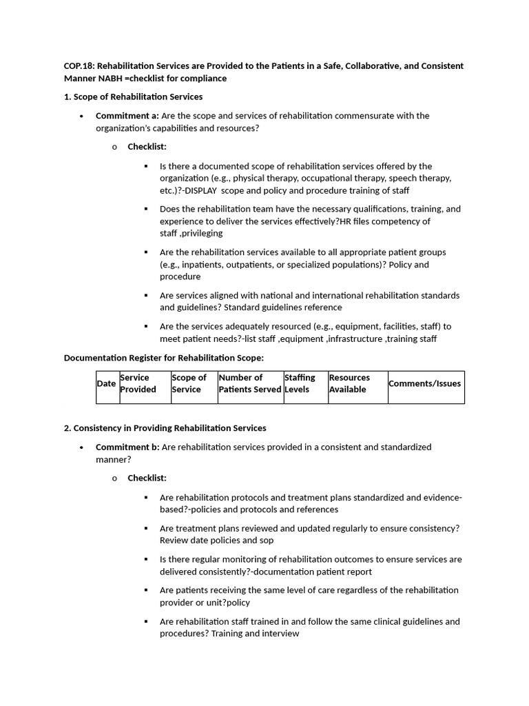 Rehab Services Nabh Checklist and Record | PDF | Physical Therapy | Safety
