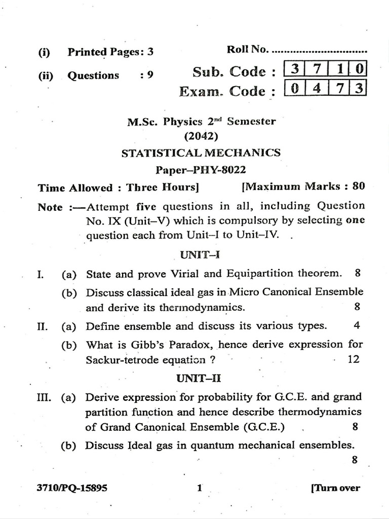 M.SC - Physics - 2nd Sem - PHY-8022 - Paper Statistical Mechanics - June 2022 | PDF