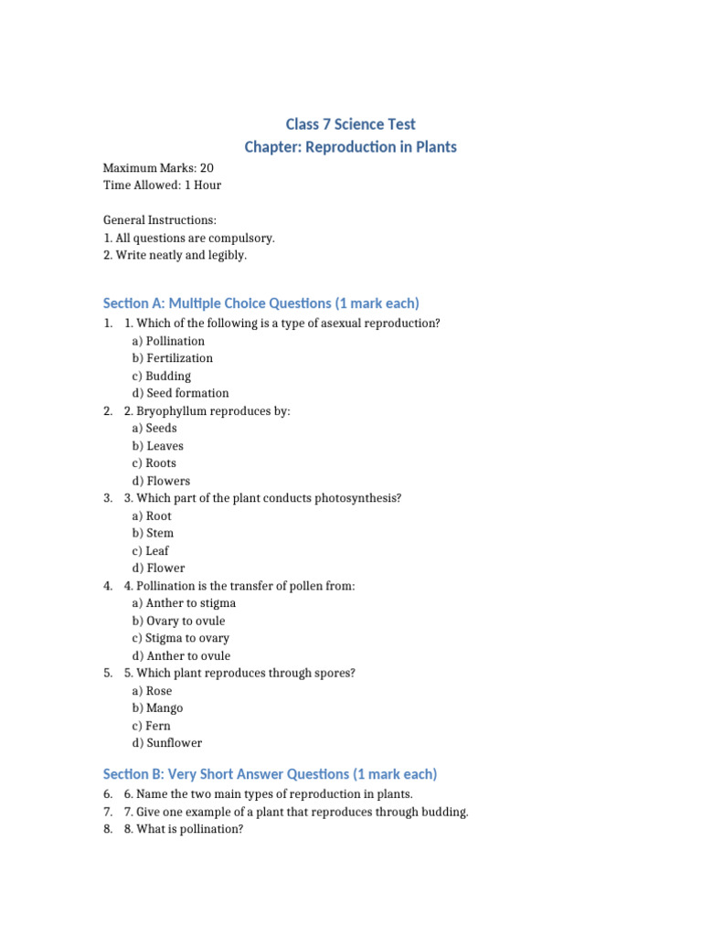 Class 7 Science Test Reproduction in Plants With MCQ | PDF
