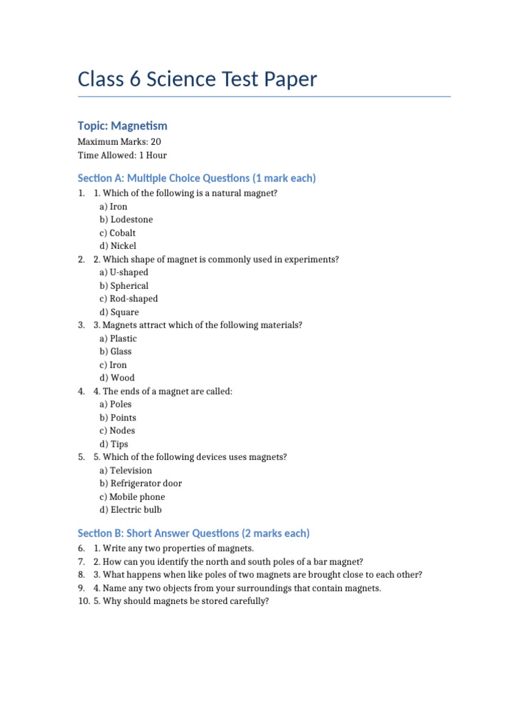 Class 6 Science Test: Magnetism Quiz | PDF