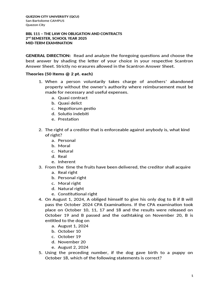 03.13.25. Obligation and Contracts Midterm Departmental Questions | PDF | Debtor | Payments