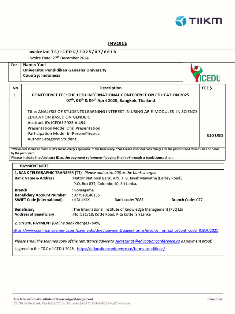 ICEDU 2025 Conference Invoice | PDF
