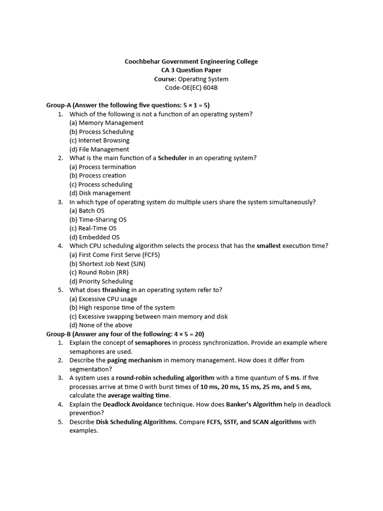 Operating System Exam Questions CA 3 | PDF
