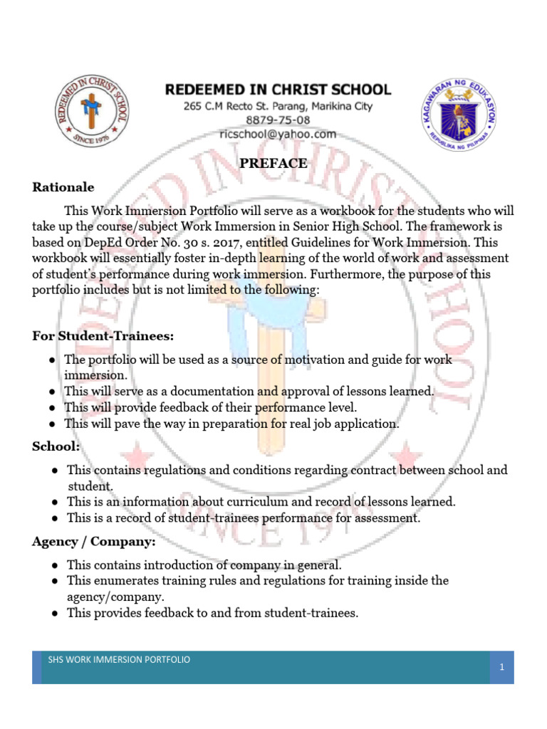 SHS Work Immersion Portfolio Guide | PDF | Experience